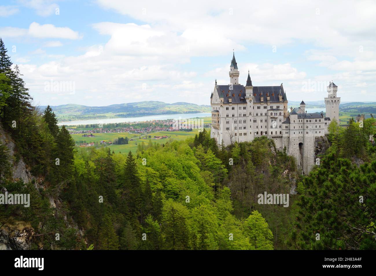 Bavarian castle Neuschwanstein in the Alps and lake Forggensee in the ...