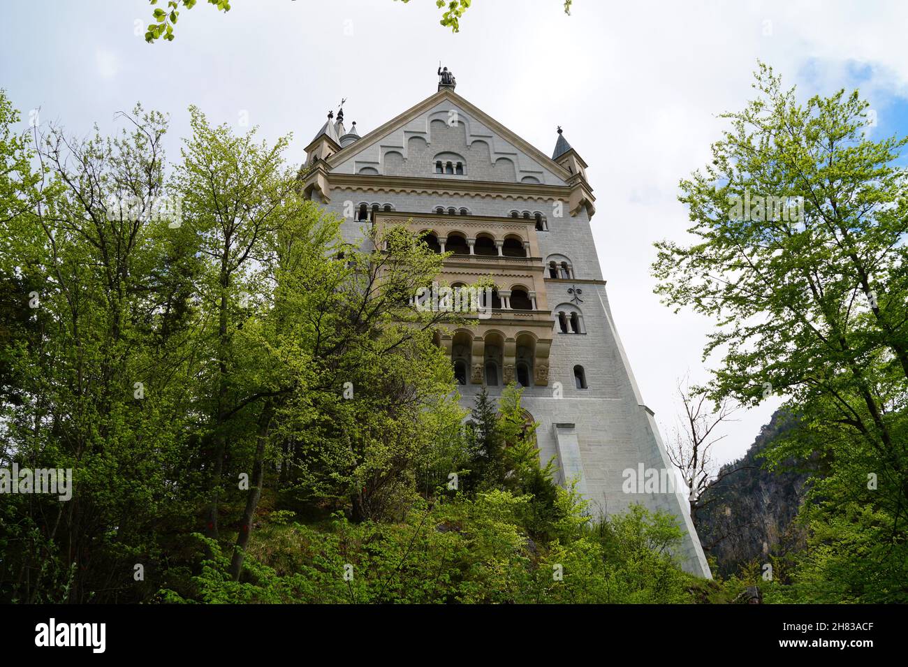Bavarian castle Neuschwanstein in the Alps and lake Forggensee in the ...