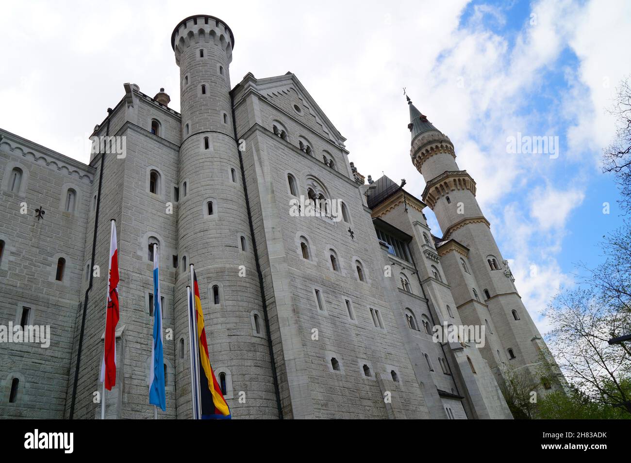 Bavarian castle Neuschwanstein in the Alps and lake Forggensee in the ...