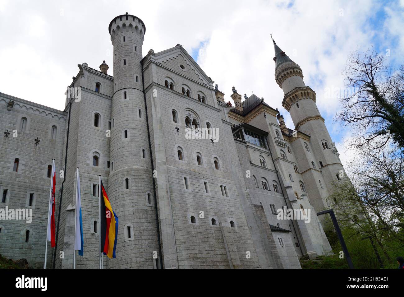 Bavarian castle Neuschwanstein in the Alps and lake Forggensee in the ...
