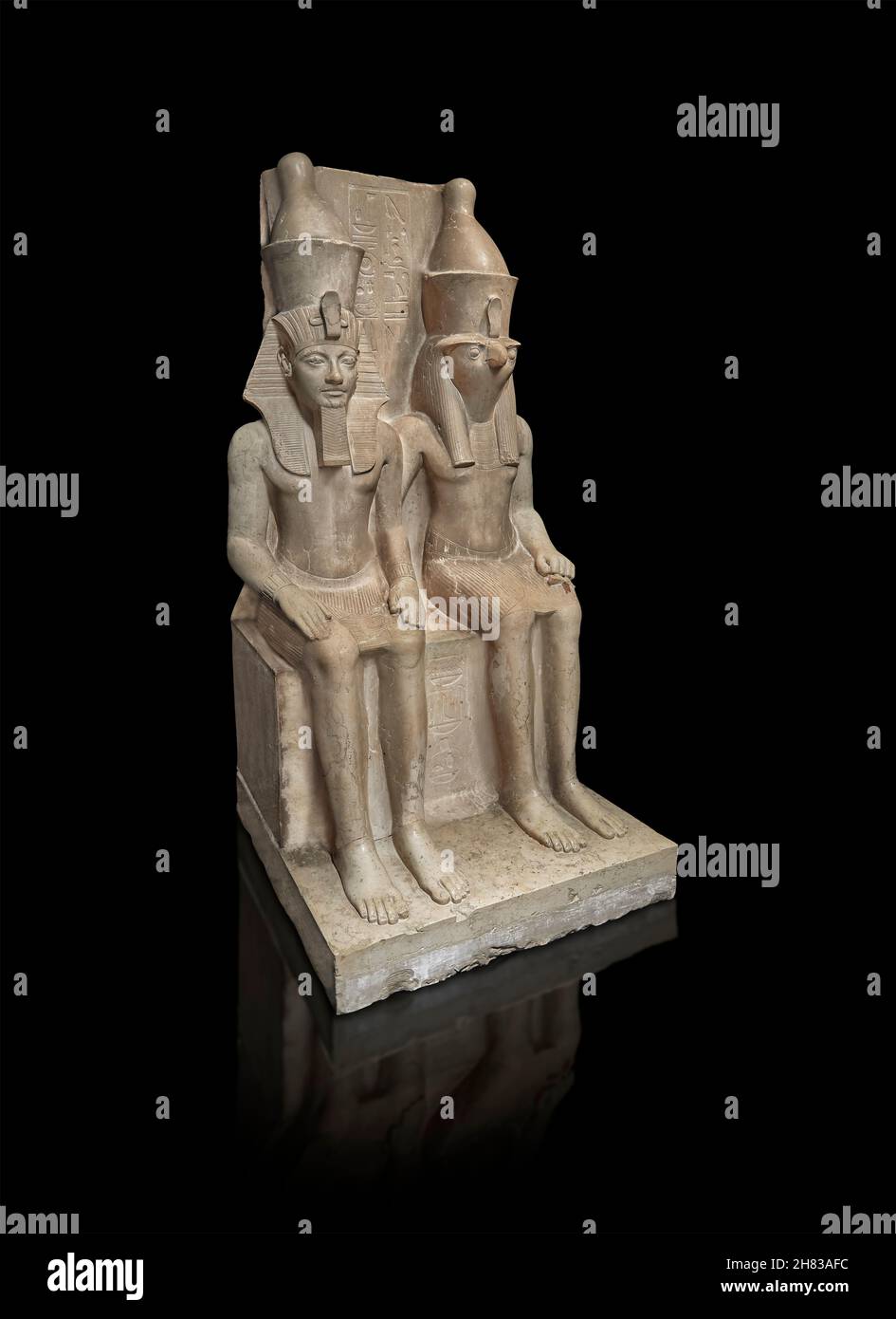 Ancient Egyptian statue of pharaoh Horemheb with Horus, 1319 - 1292 BC ...