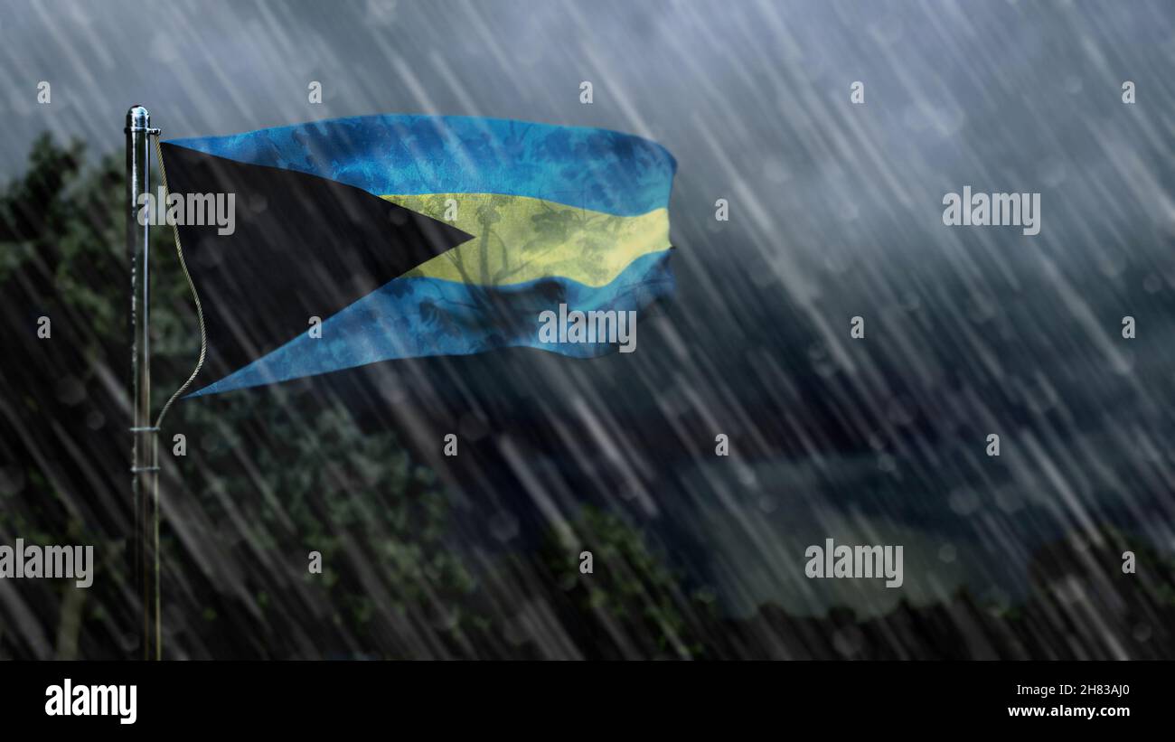 flag of Bahamas with rain and dark clouds, hurricane forecast symbol ...
