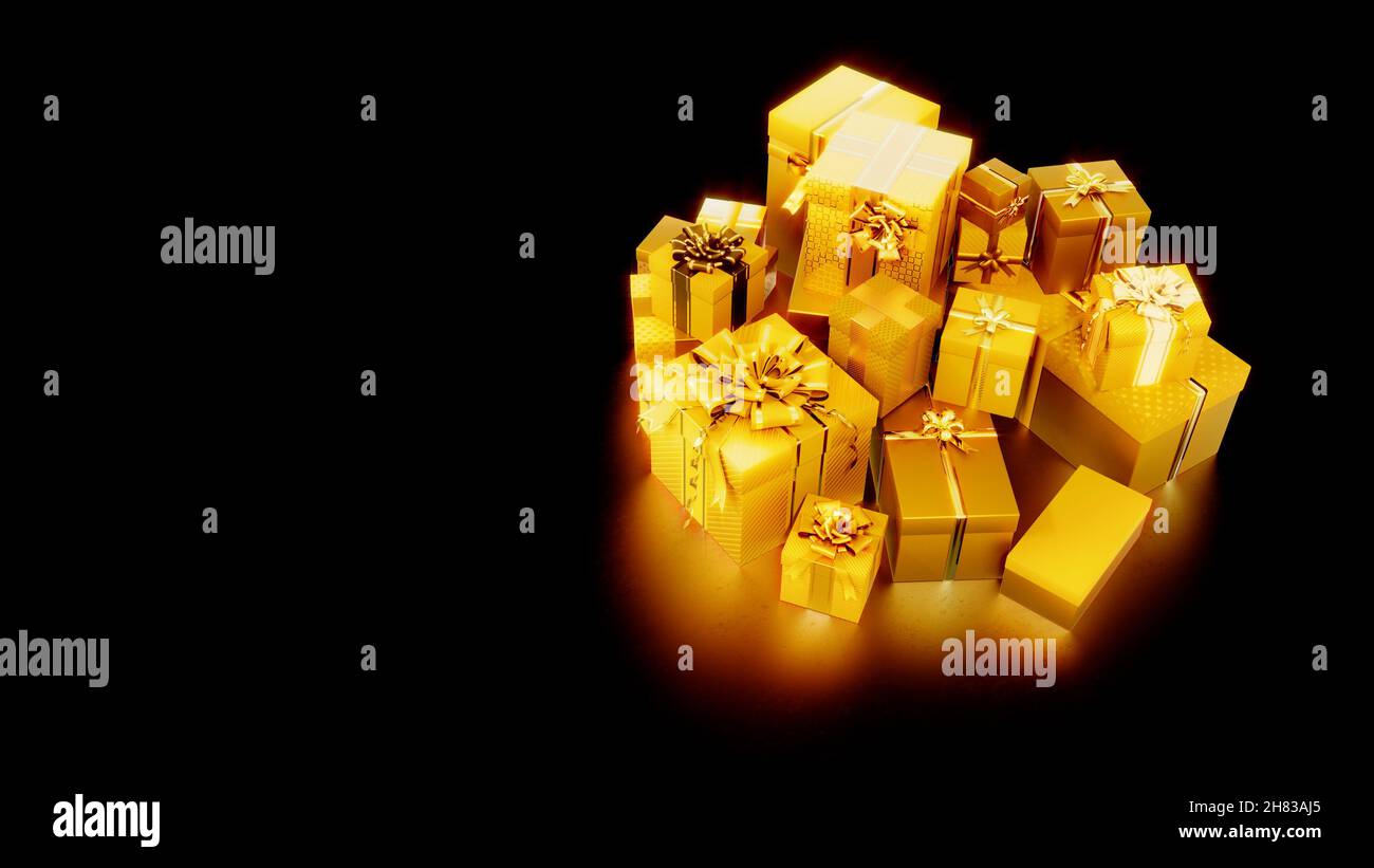 goldish present boxes pile for christmas or cyber monday, isolated ...