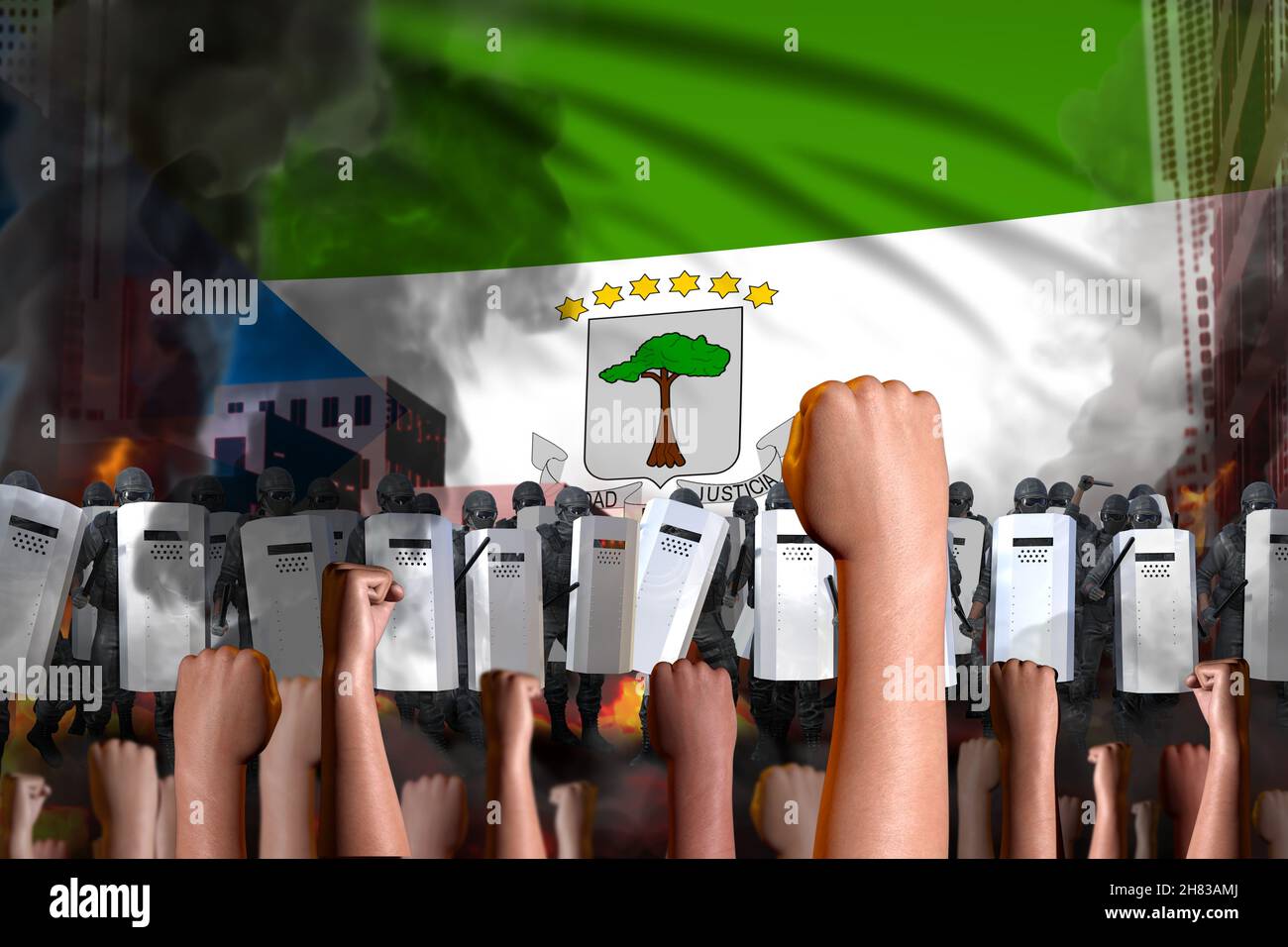 Protest in Equatorial Guinea - police special forces stand against the ...