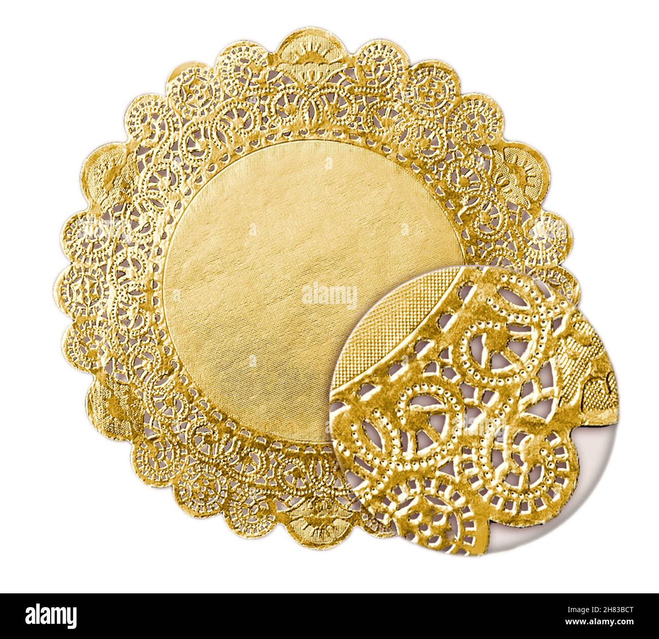 Golden confectionery napkin with decorative texture under magnifying ...