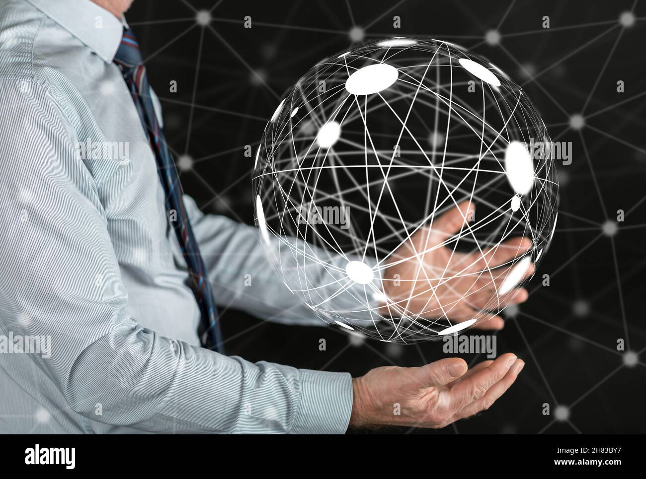 Global connection concept above the hands of a man Stock Photo - Alamy