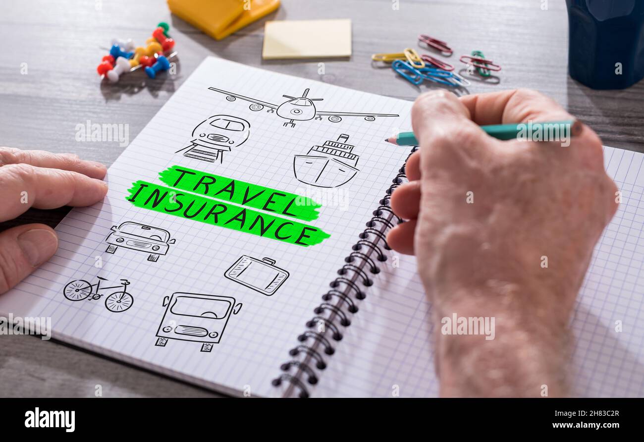Hand drawing travel insurance concept on a notepad Stock Photo - Alamy