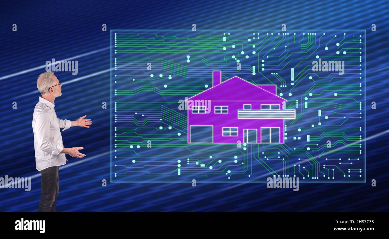Businessman showing a digital smart home automation concept on a wall ...