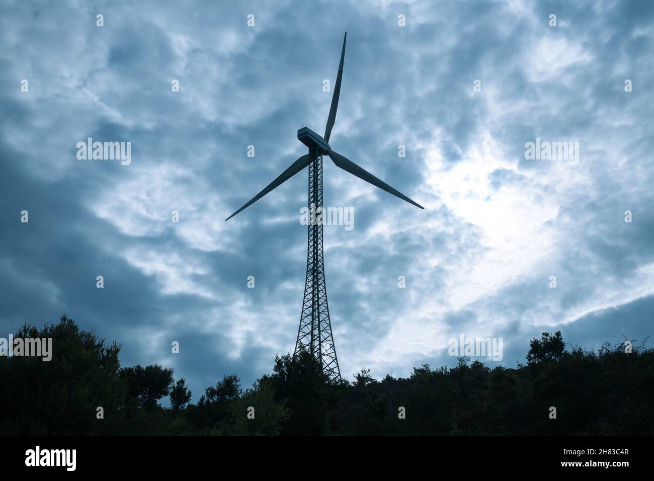 Aerial view of a wind turbine power plant in the mountainous region ...