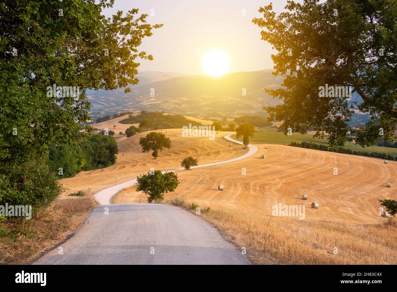Rural landscape with winding road among farm fields in countryside ...