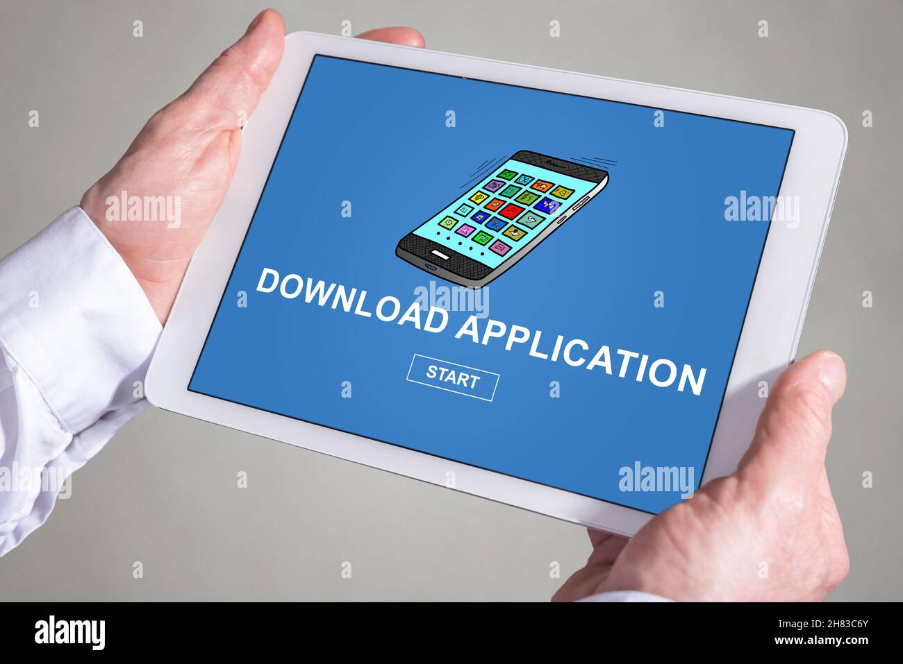 Tablet screen displaying a download application concept Stock Photo - Alamy