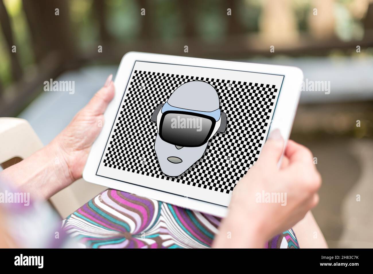 Virtual reality concept shown on a tablet held by a woman Stock Photo ...