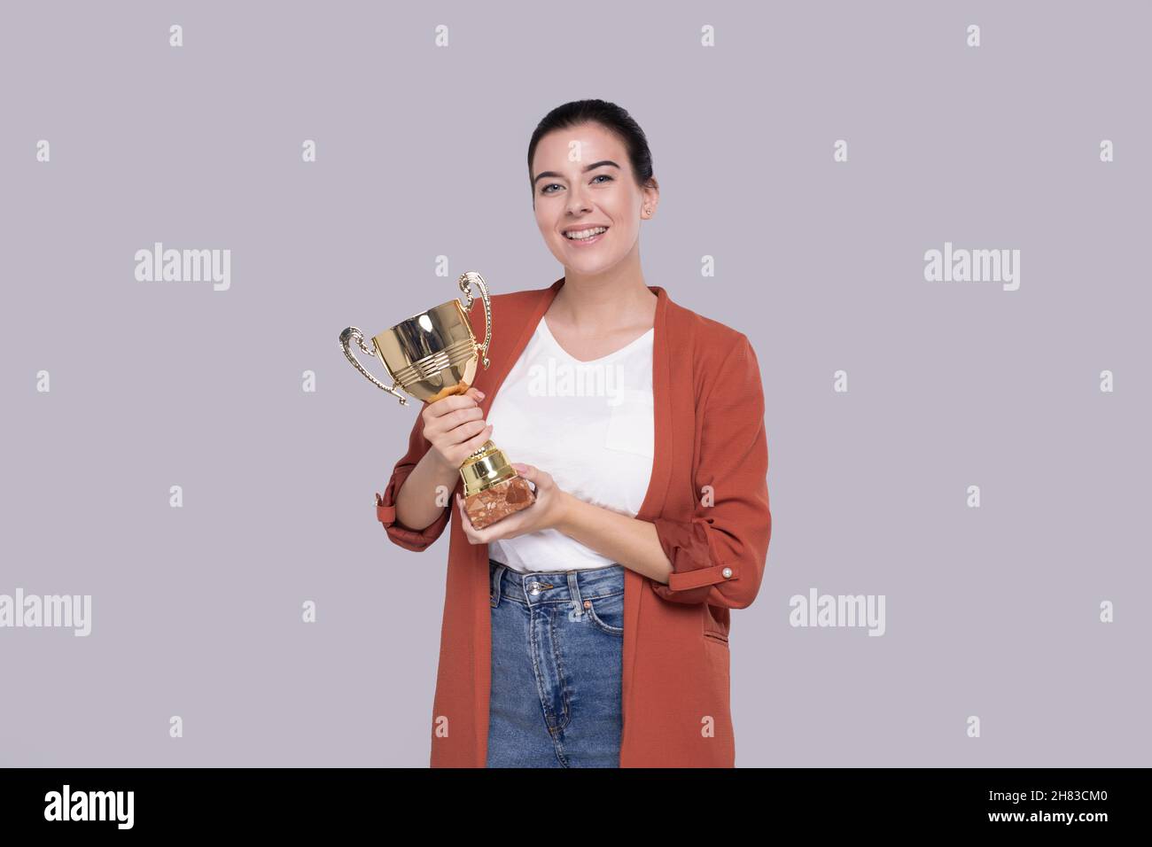 Girl Holding Trophy Happy Isolated. Girl Goals. Winner. Girl Smilling ...