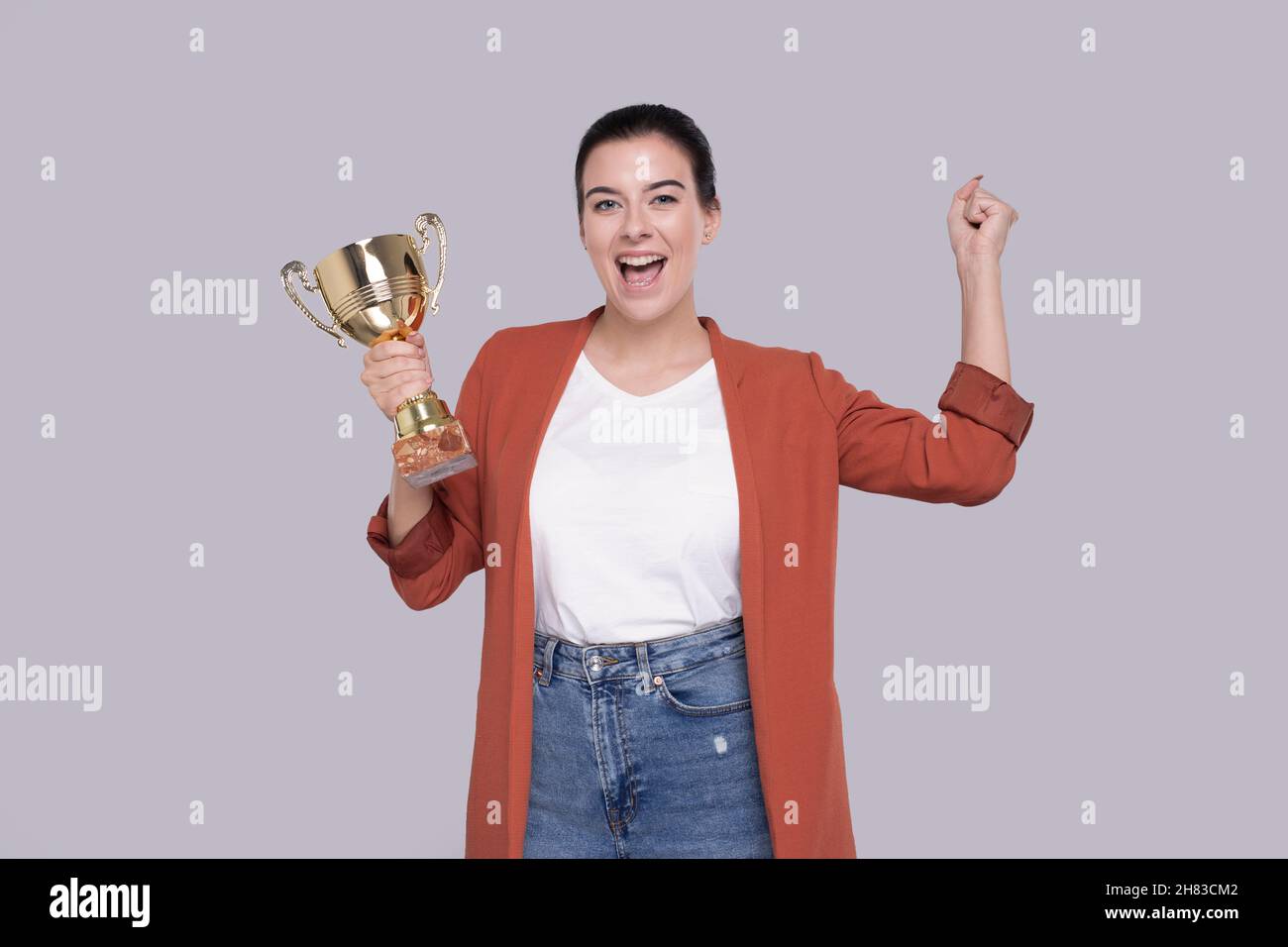 Girl Holding Trophy Happy Isolated. Girl Goals. Winner. Girl Smilling ...