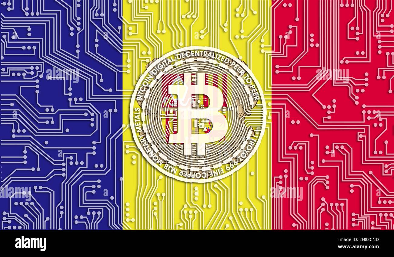 flag of Andorra and bitcoin, Integrated Circuit Board pattern. Bitcoin ...