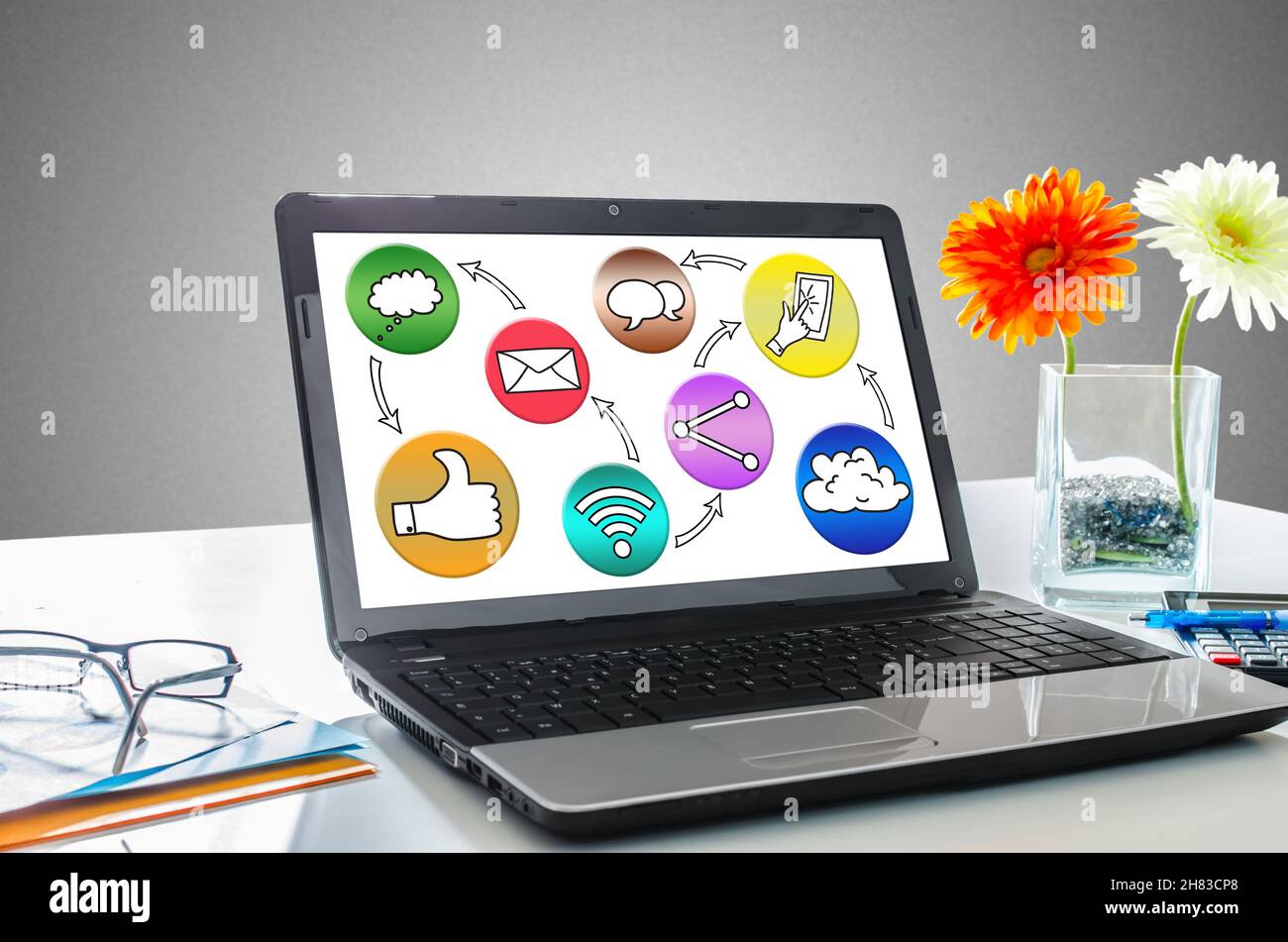 Laptop screen showing social media concept Stock Photo - Alamy
