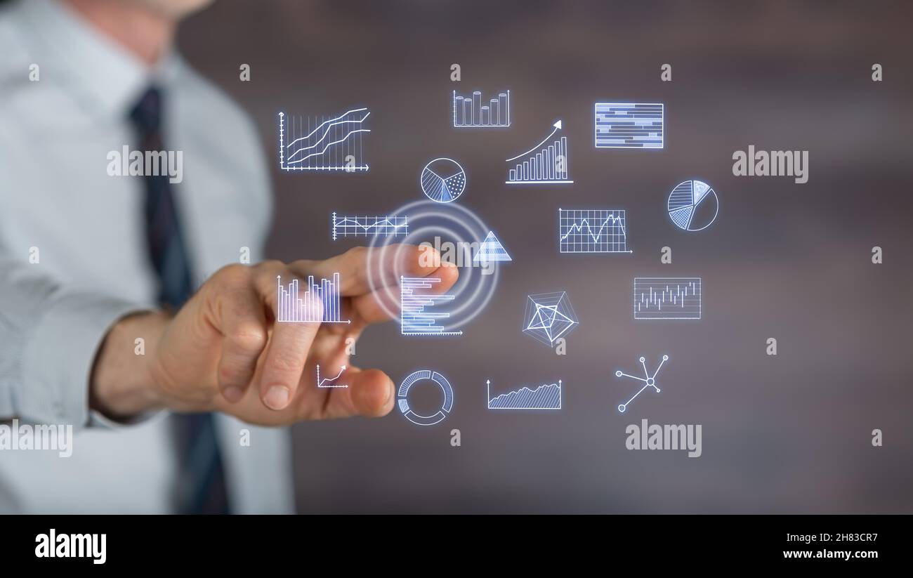 Man touching business charts on a touch screen with his finger Stock ...