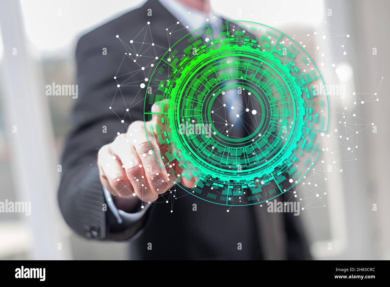 Man touching a technology concept on a touch screen with his fingers ...