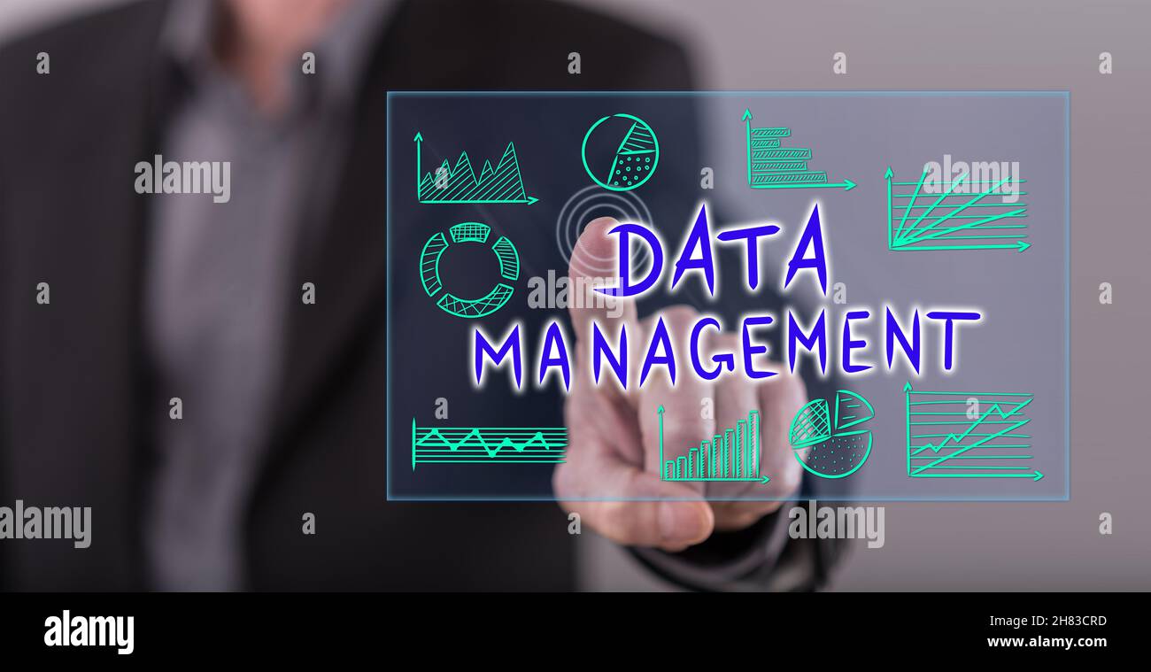 Man touching a data management concept on a touch screen with his ...
