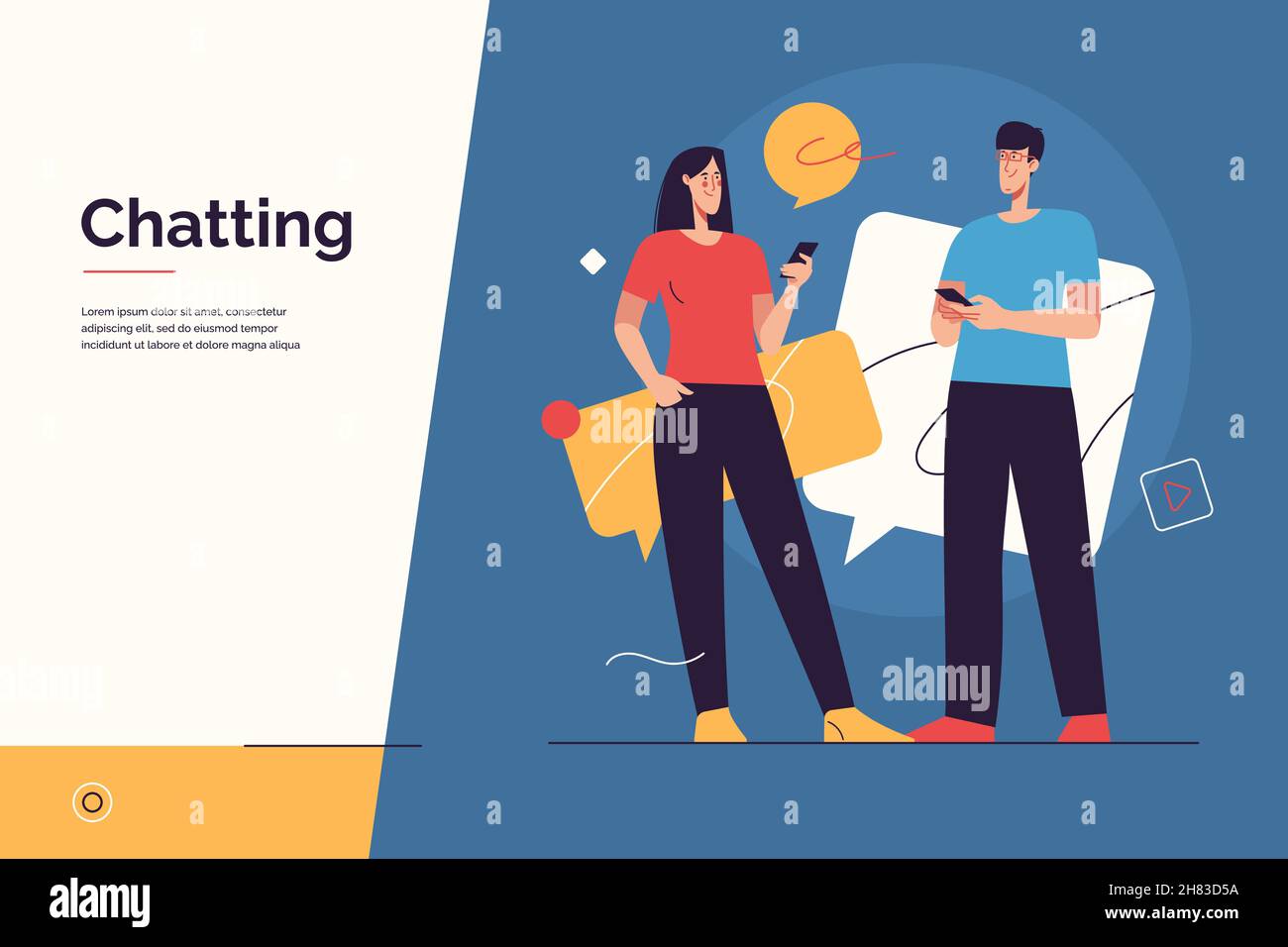 Vector illustration depicting a young couple chatting using mobile ...