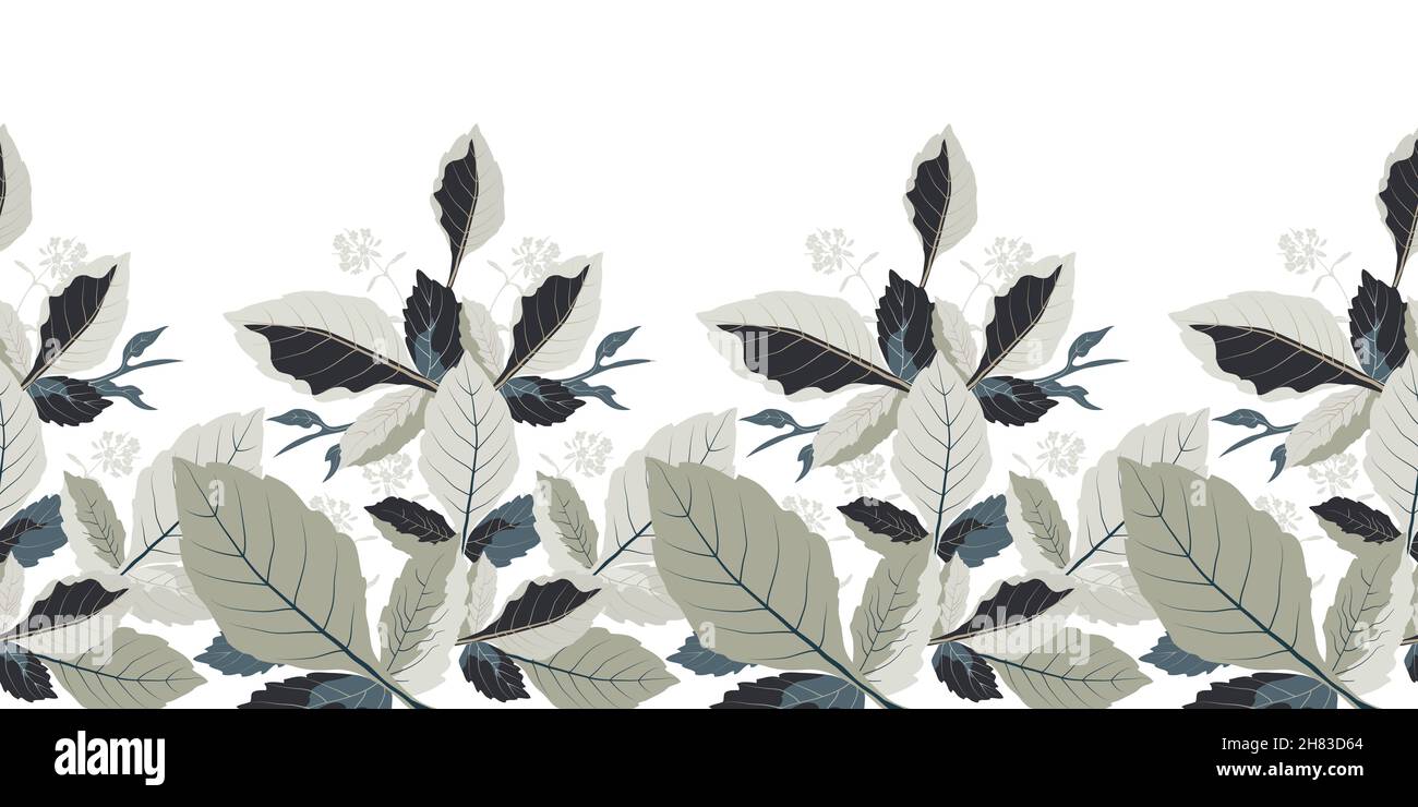 Vector floral seamless leafy pattern, border. Panoramic horizontal ...