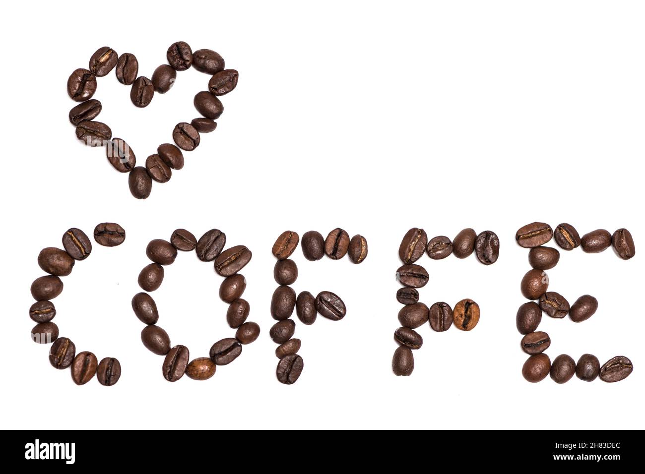 Coffee beans on white background representing the word coffe and a ...