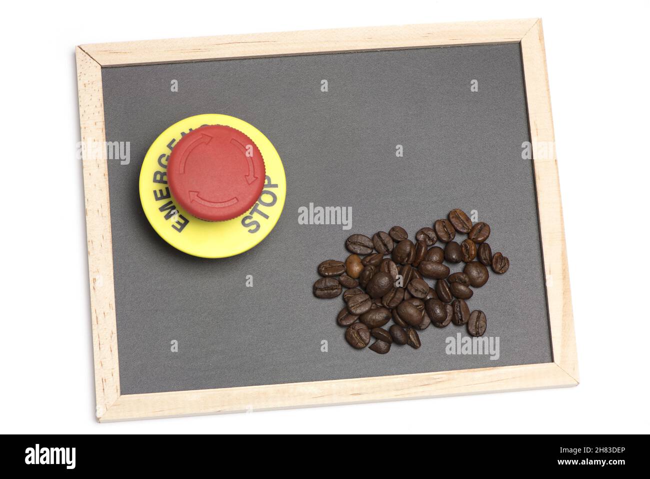 small chalkboard with coffee beans and an emergency stop button as a ...