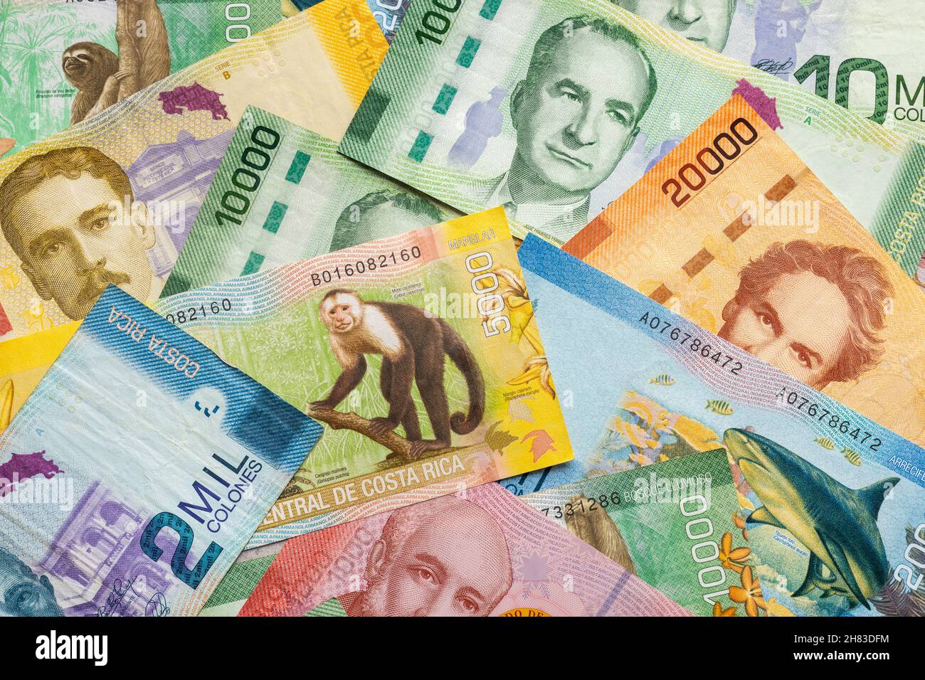 Costa Rica currency all banknotes scattered on the table, filled frame ...