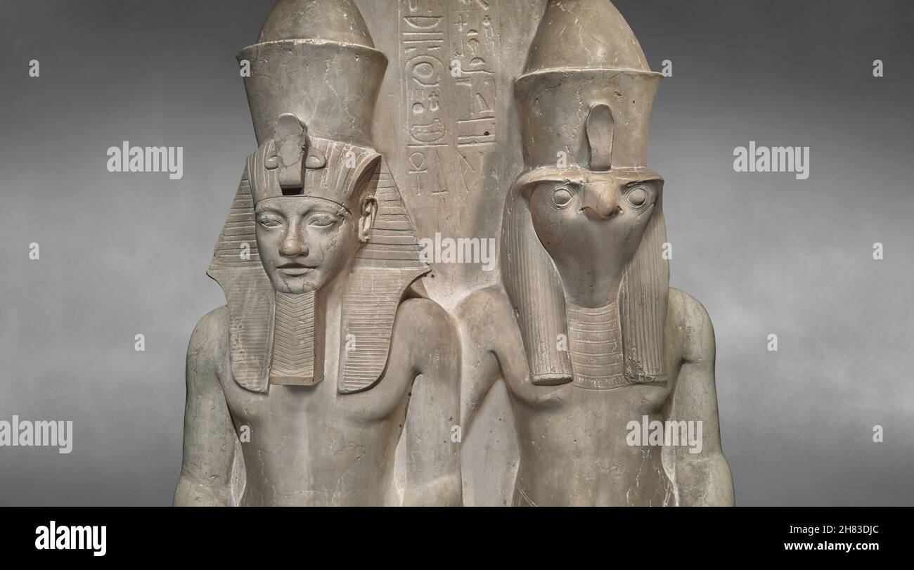 Ancient Egyptian statue of pharaoh Horemheb with Horus, 1319 - 1292 BC ...
