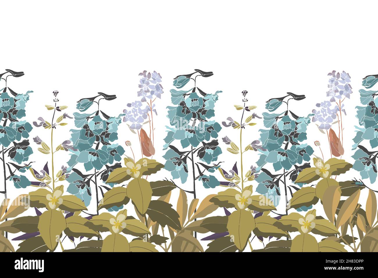 Vector floral seamless pattern, border. Blue-green delphinium flowers ...