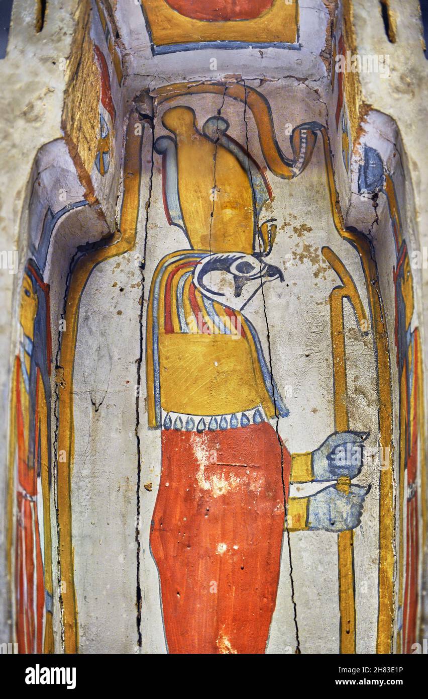 Ancient Egyptian Mummy coffin interior with a depiction of Horus ...