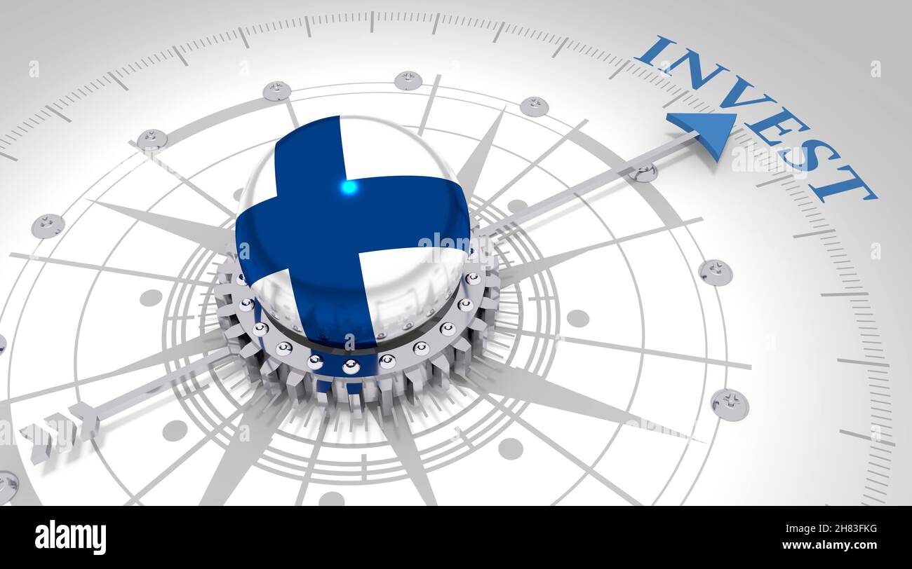 Business concept. Abstract compass points to the invest word. Flag of ...