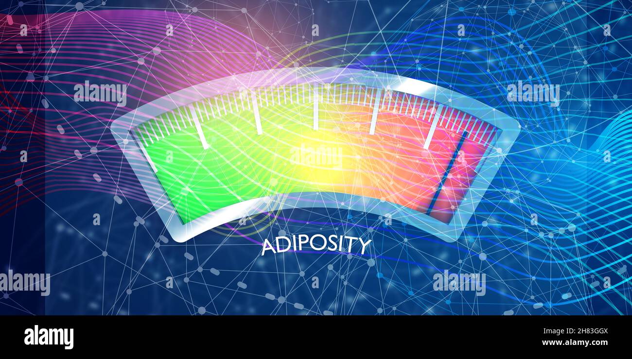 Body mass meter read high level result. Color scale with arrow from red ...