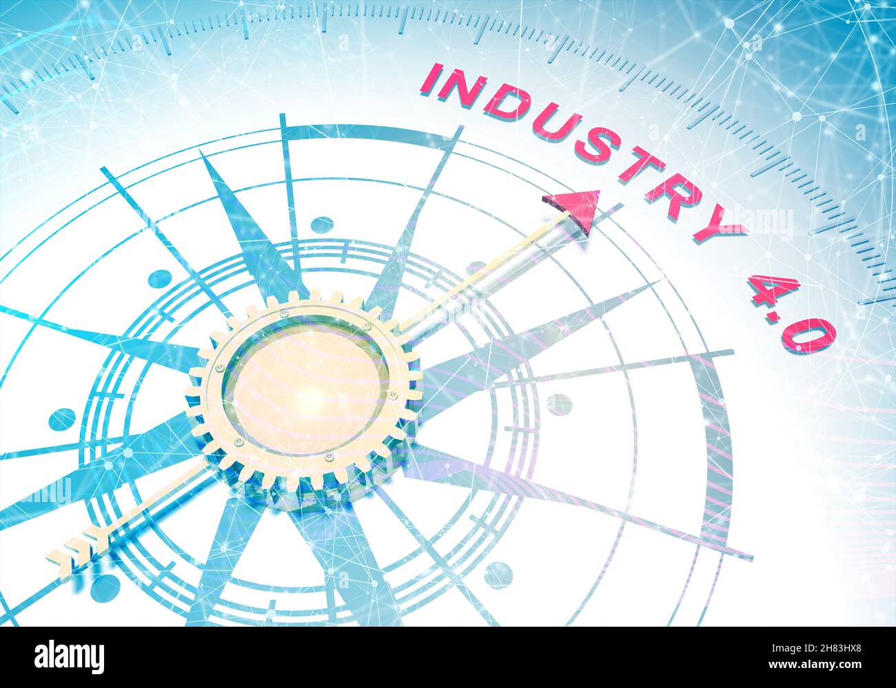 Abstract compass points to the industry four point zero text. 3D ...