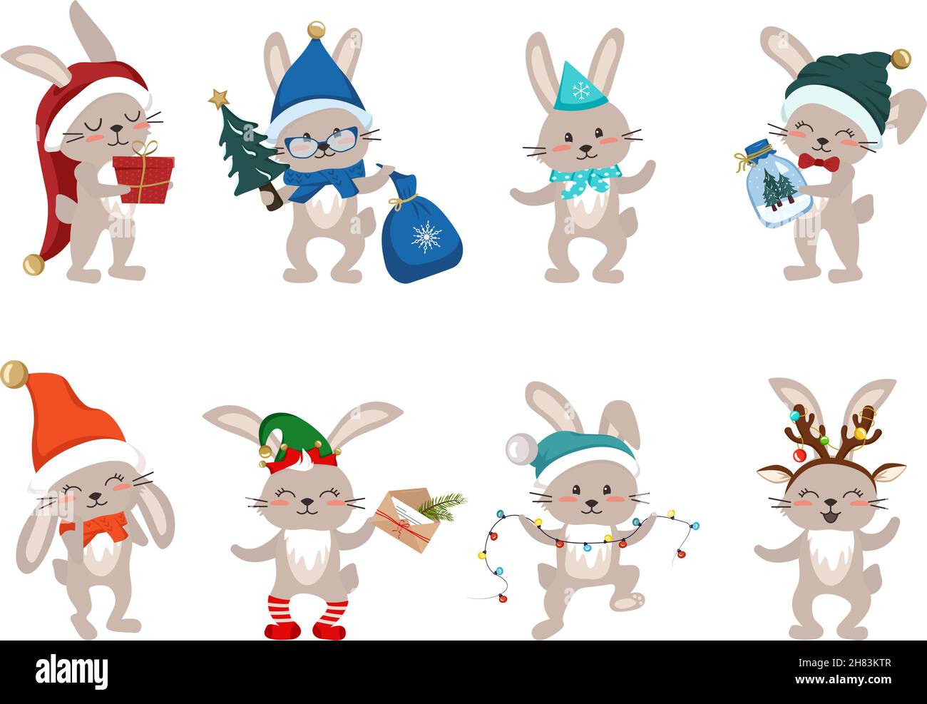 Set of cute rabbit or hare with Santa hat, scarf and bow, with gift ...