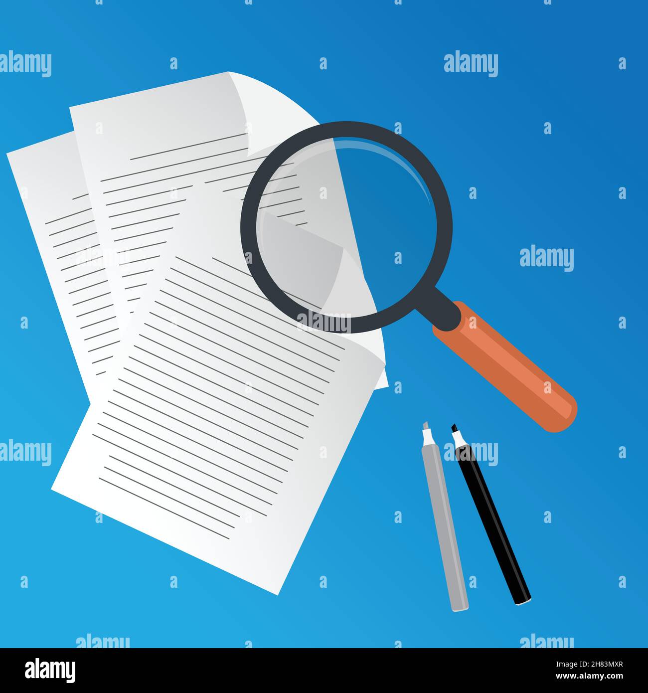 Magnifying glass, paper documents and pens, conceptual vector Stock ...