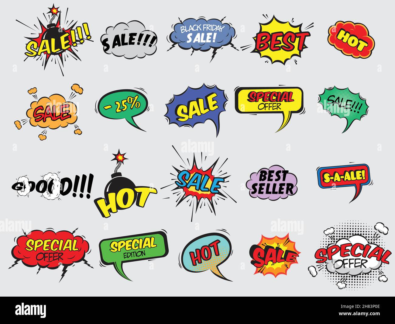 Pop art comic sale discount promotion decorative icons set with bomb ...