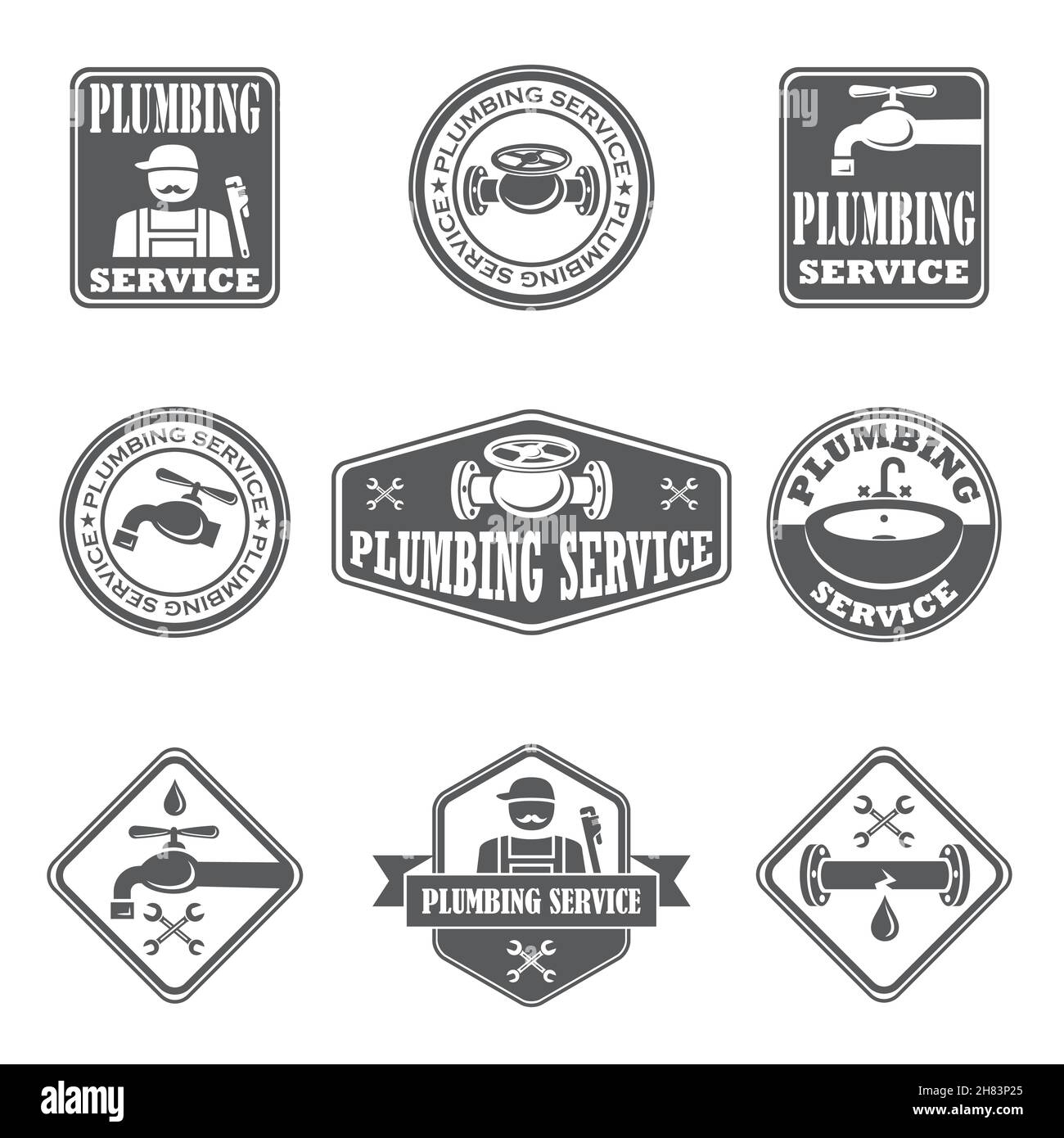 Plumbing service badges with water pipe plumber and tools isolated ...