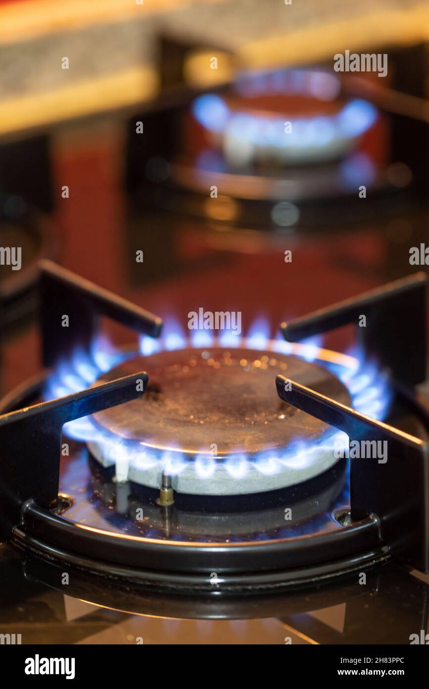 The gas burns in the burner of a kitchen stove. Vertical view. Story ...