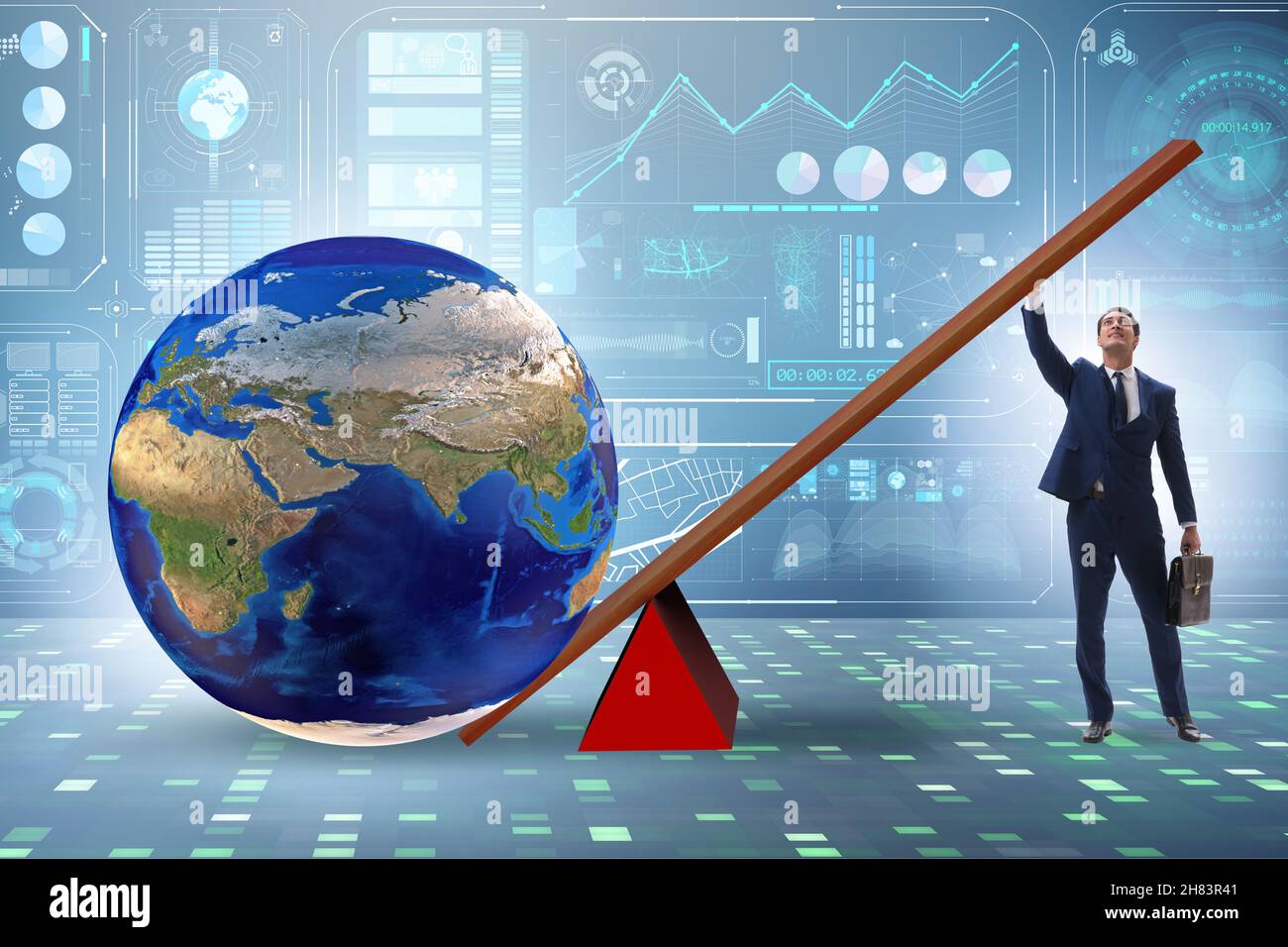 Businessman lifting the earth in the challenge concept Stock Photo - Alamy