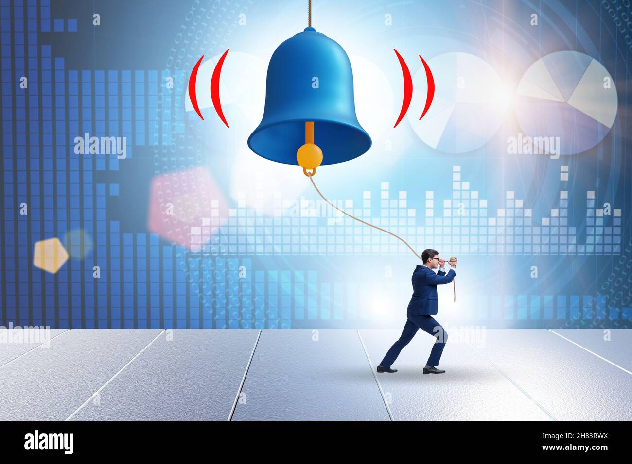 Businessman ringing the bell in case of the danger Stock Photo - Alamy