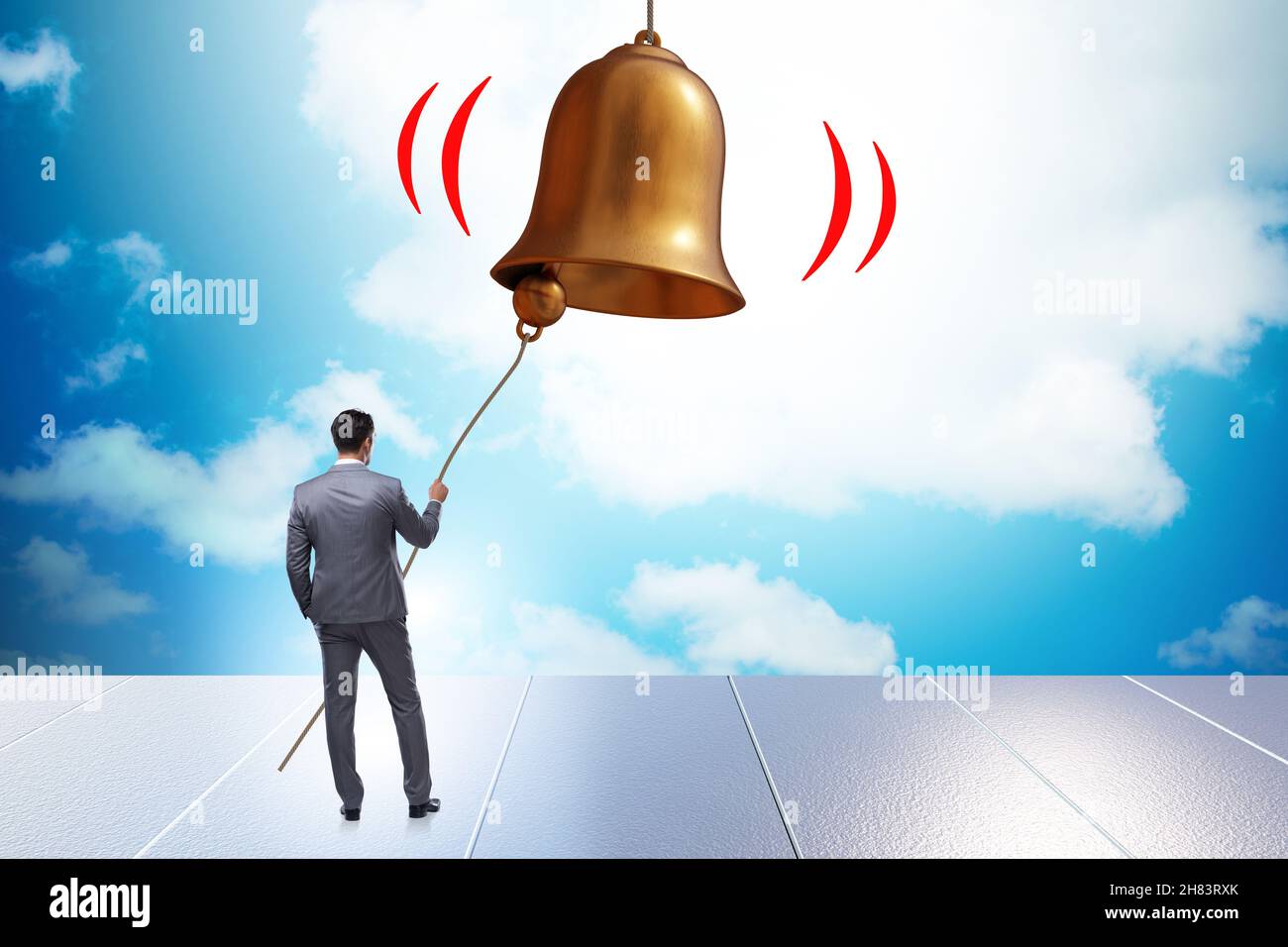 Businessman ringing the bell in case of the danger Stock Photo - Alamy