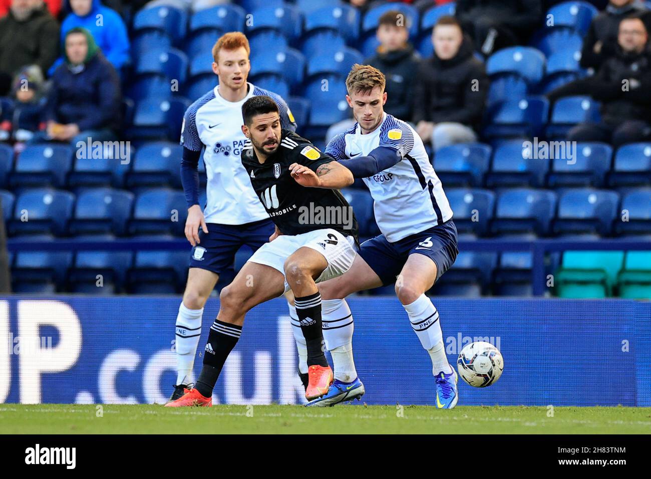 Liam Lindsay #6 of Preston North End and Aleksander Mitrovic #9 of ...
