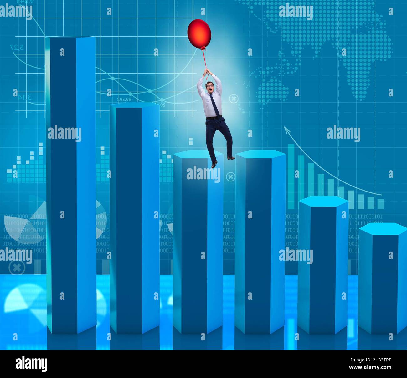 The businessman flying on hot balloon over graph Stock Photo - Alamy