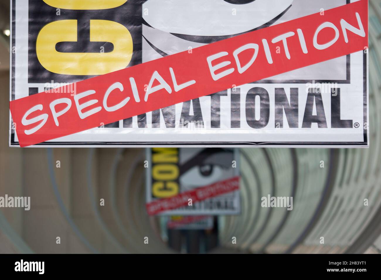 San Diego, CA. 26th Nov, 2021. Comic Con Special Edition signage inside ...
