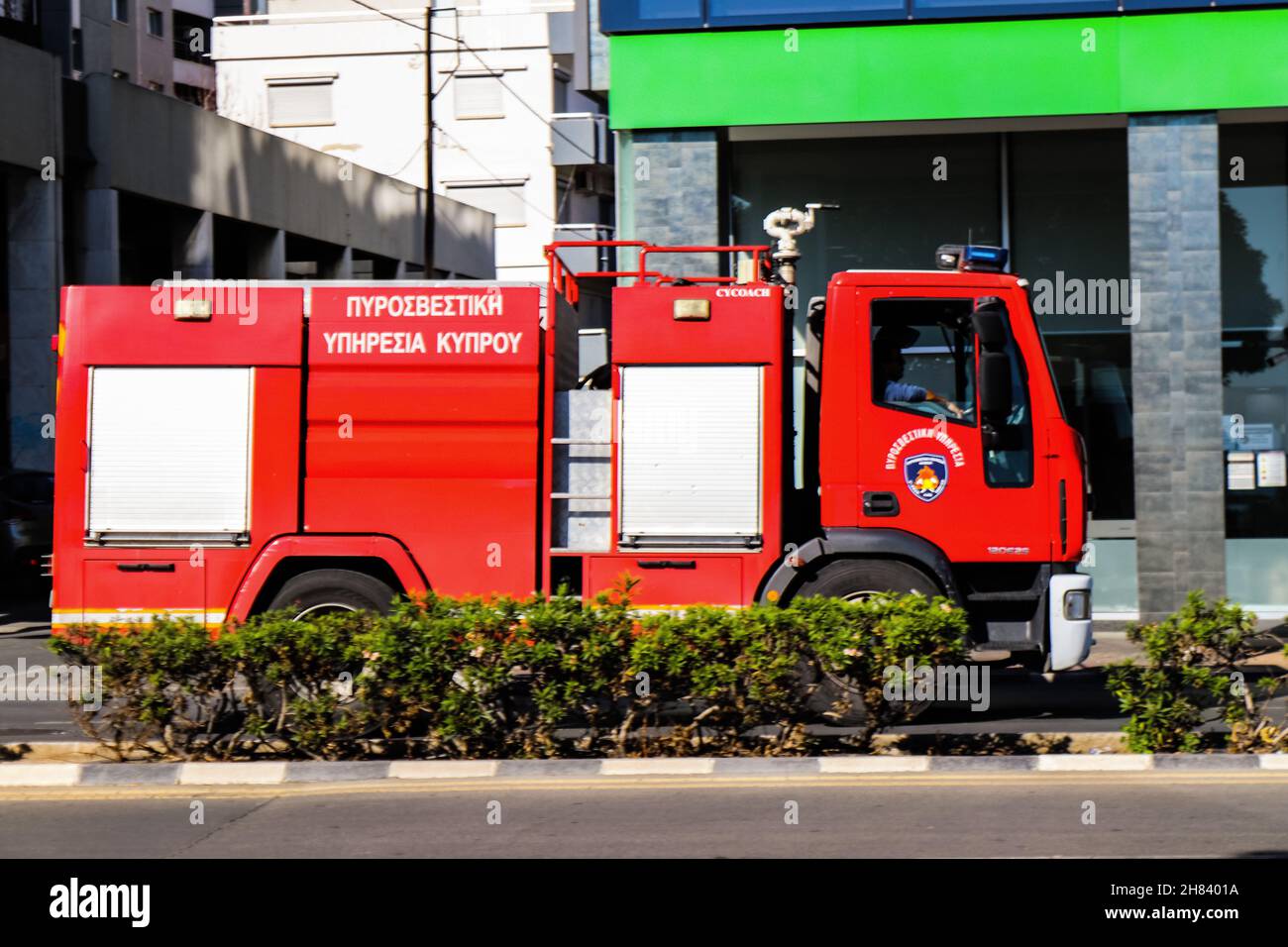 Limassol, Cyprus - November 26, 2021 Fire engine rolling in the streets ...