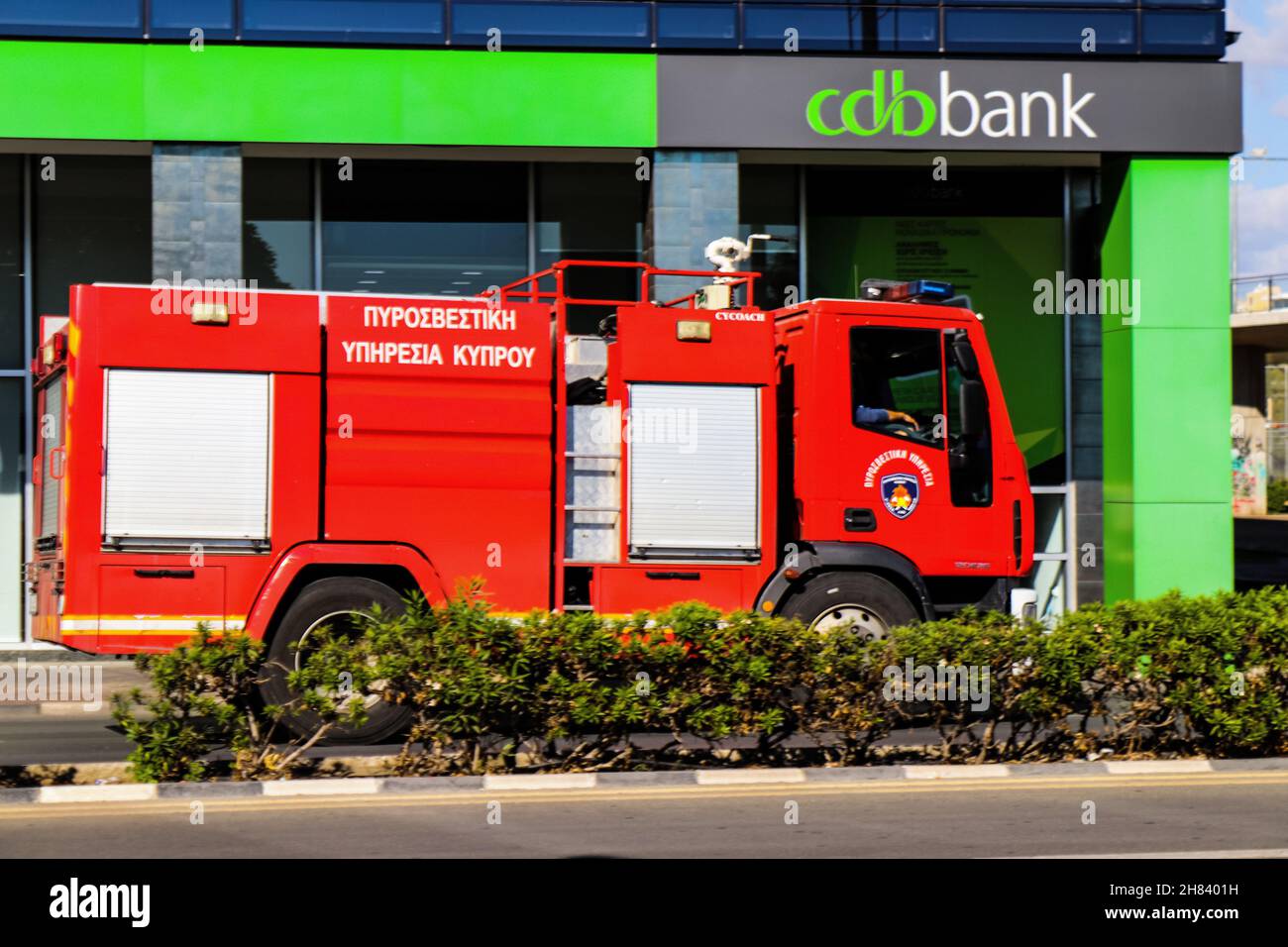 Limassol, Cyprus - November 26, 2021 Fire engine rolling in the streets ...
