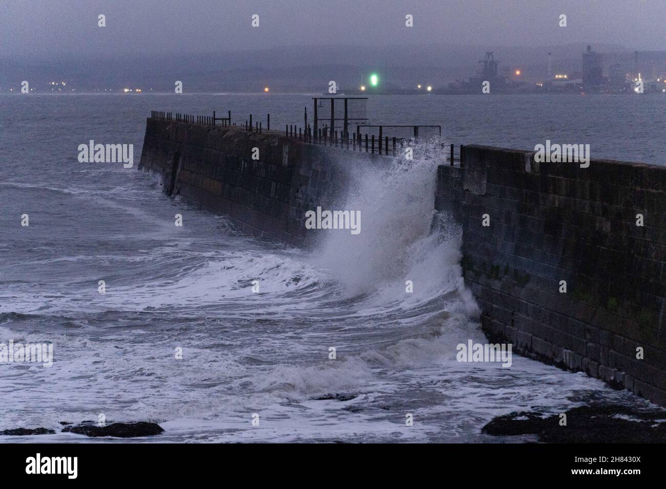 Hartlepool, UK. 26th Nov, 2021. Stormy seas at the breakwater on the ...