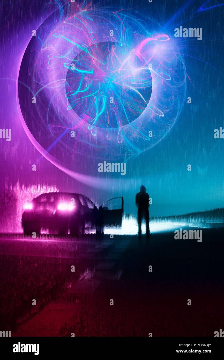 A science fiction edit. Of a man standing in the road next to car. With ...