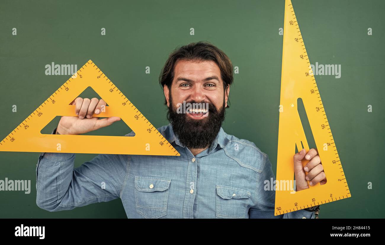 man happy with size measured on triangle ruler math tool, math school ...